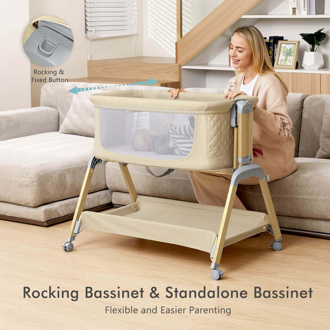 Baby Rocking Bassinets 5-Levels Hight with Mattress for Infant BN08